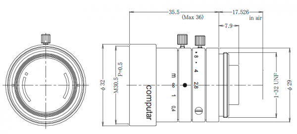 8 mm C-Mount 6MP Objektiv Computar M0828-MPW3 | Vision Dimension